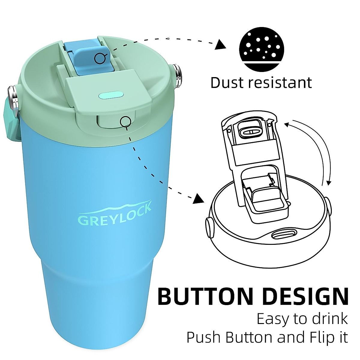 Greylock 30 oz Tumbler with Handle, Vacuum Insulated Tumblers with Flip Straw and Top Handle, Reusable Tumbler with Lid and Straw for Home, Office or Car, Leak-Proof Travel Mug, Keep Cold for 24 Hrs