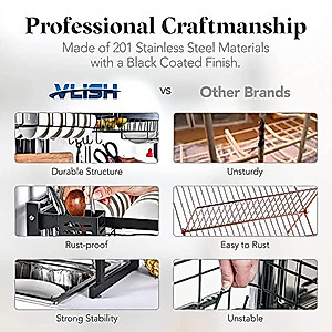 Vlish Over The Sink 2 Tier Dish Drying Rack - Expandable Length 35-42in | Space-Saving, Rust-Resistant, Non-Slip Foot Rubber | Stainless Steel Kitchen Counter Drainer Organization Storage Shelf