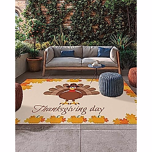 Outdoor Area Rug for Patio,Thanksgiving Day Turkey Fall Maple Camping Rugs Indoor Large Floor Mat 4x6ft,Autumn Orange Pumpkin Fallen Leaves Outside Carpet for Deck RV Picnic Porch Backyard Bedroom