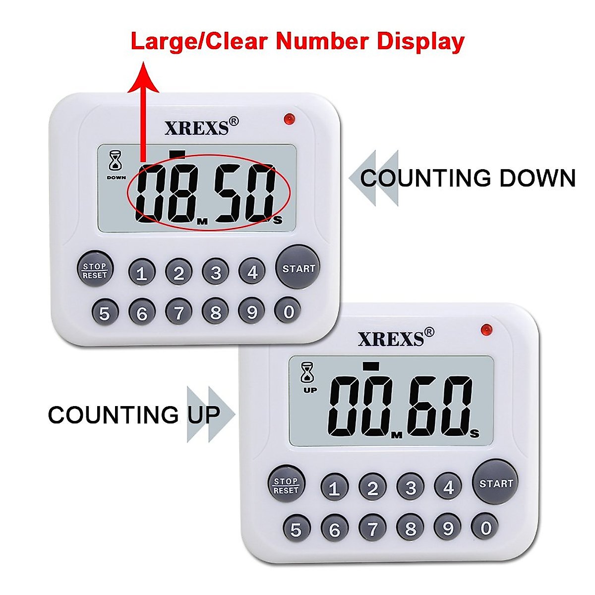 XREXS Digital Kitchen Timer Magnetic Countdown Up Cooking Timer Clock with Magnet Back and Clip, Loud Alarm, Large Display Minutes and Seconds Directly Input-White (2 Pcs, Battery Included) PS-367