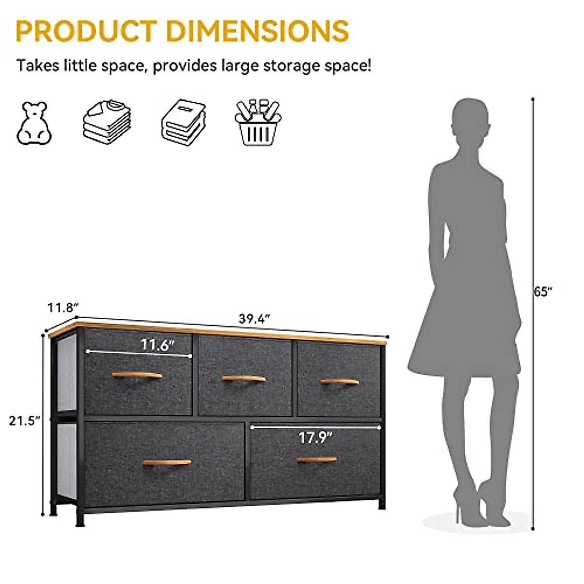 DWVO Dresser TV Stand, Fabric Dresser with 5 Drawers, Dresser for Bedroom, Wide Dresser, Storage Tower, Chest of Drawers for Closet, Living Room, Hallway, Nursery, Dull Grey