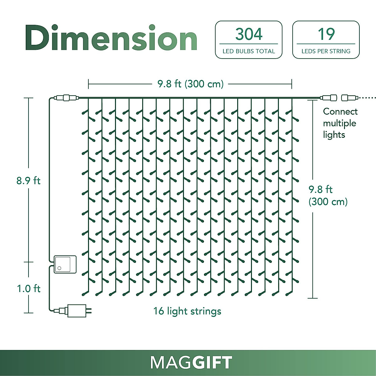 MAGGIFT 304 LED Curtain String Lights, 9.8 x 9.8 ft, 8 Modes Plug in Fairy String Light with Remote Control, Christmas, Backdrop for Indoor Outdoor Bedroom Window Wedding Party Decoration, Warm White