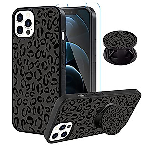 SAKUULO iPhone 12 Pro Max Case, [Screen Protector + Kickstand] Black Leopard Cheetah Design, Anti-Slip Shockproof Lightweight Soft TPU Bumper Protective Case for iPhone 12 Pro Max 6.7 Inch (2020)