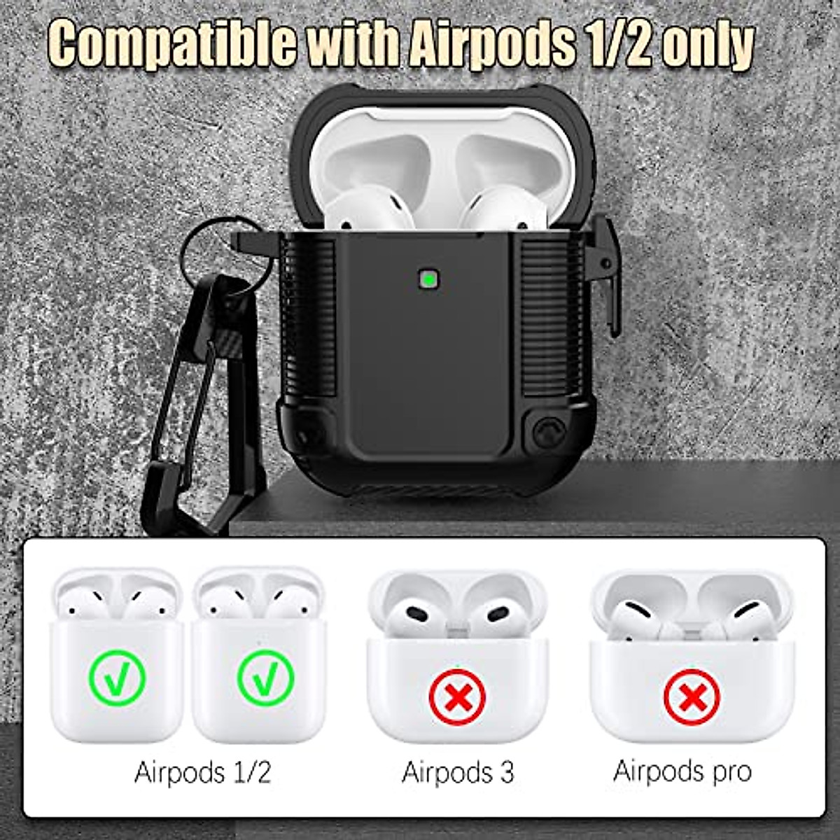 Lopnord for AirPod Case, Compatible with Apple AirPods 2nd Generation Case Cover with Lock, Rugged Protective Case for Airpod 1st Generation Case for Men with Keychain[LED Visible]