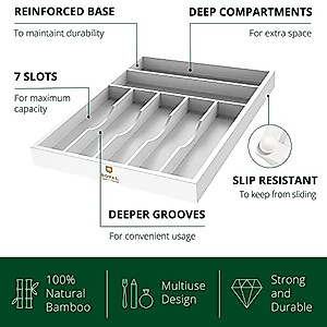 ROYAL CRAFT WOOD Luxury Bamboo Caddy Kitchen Drawer and Silverware Organizer, Utensil Holder and Cutlery Tray with Grooved Drawer Dividers for Flatware 7 Slot, White
