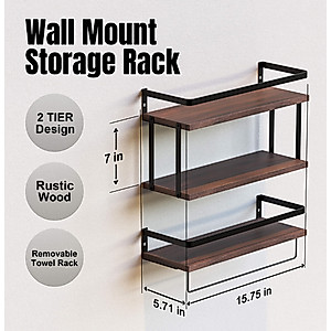 RICHER HOUSE 2+1 Tier Wall Mounted Floating Shelves Set of 2, Rustic Wood Wall Shelf with Metal Frame, Extra Storage Rack for Bathroom, Kitchen, Bedroom with Tissue Rack & Towel Bar - Rustic Brown