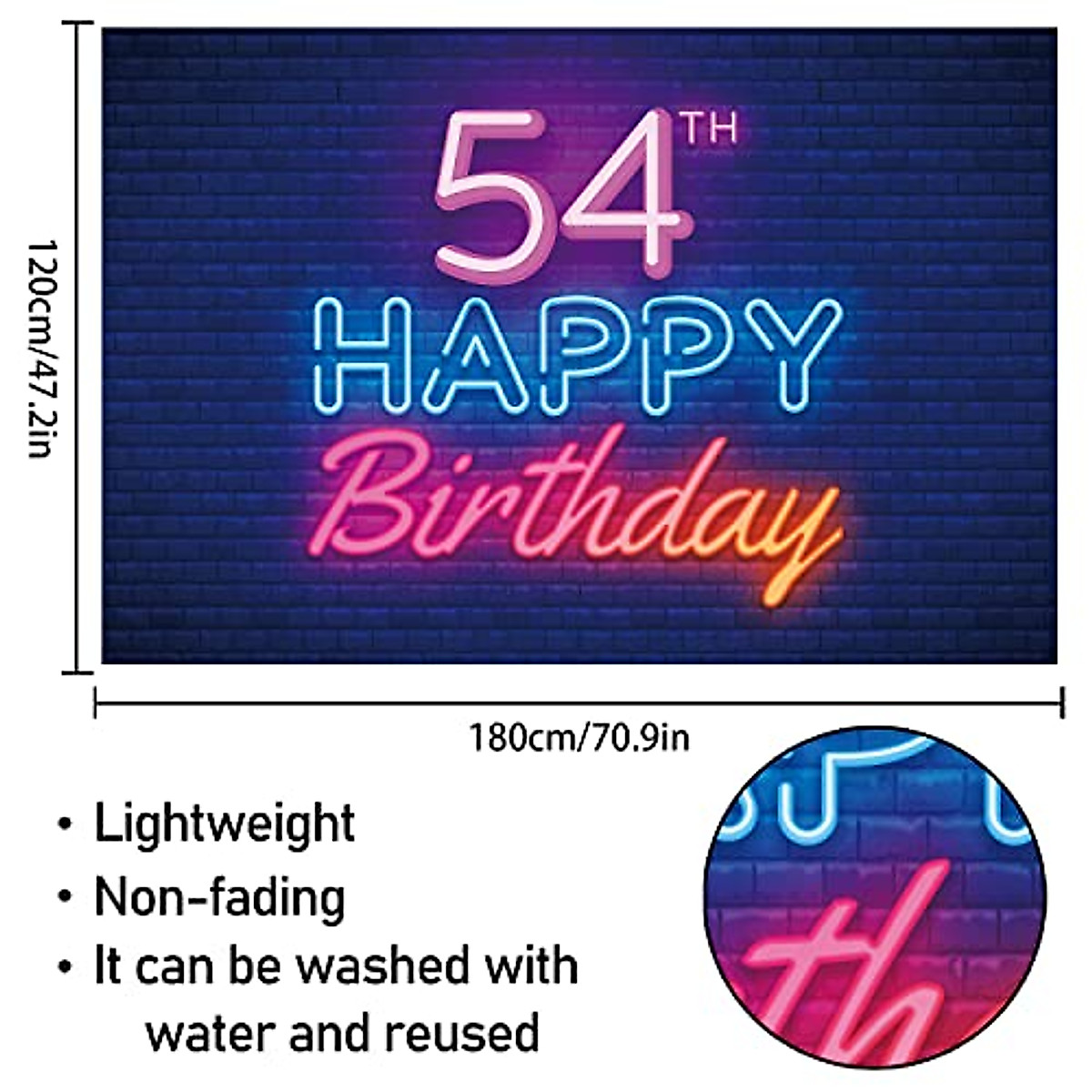 Glow Neon Happy 54th Birthday Backdrop Banner Decor Black – Colorful Glowing 54 Years Old Birthday Party Theme Decorations for Men Women Supplies