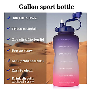 YIREN Large 1 Gallon Water Bottle with Time Marker Motivational & Straw, Leakproof Tritan BPA Free for Fitness, Gym, Outdoor Sports and Work (Purple to Pink)