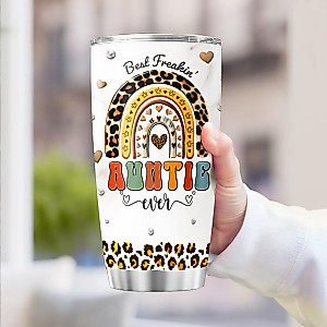 JENOIS Best Freakin Auntie, Tumbler 20 Oz With Lid And Straw, Cheetah Print Leopard, Aunt Gifts