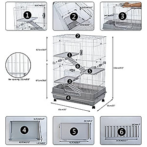 Gecheer 4-Tier 32" Small Animal Metal Cage Height Adjustable with Lockable Casters Grilles Pull-Out Tray for Rabbit Chinchilla Ferret Bunny Guinea Pig Squirrel Hedgehog Grey