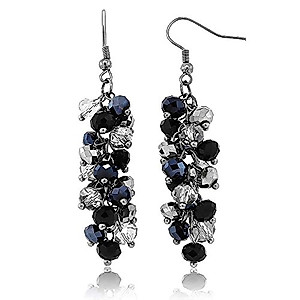 Gem Stone King 2 Inch Black and Silver Cluster Faceted Crystal Dangle Hook Earrings For Women
