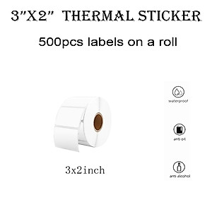 3x2 inch White Direct Thermal Labels, Barcode Address Label Stickers, Compatible with Rollo & Zebra Thermal Label Printer(500 per roll)