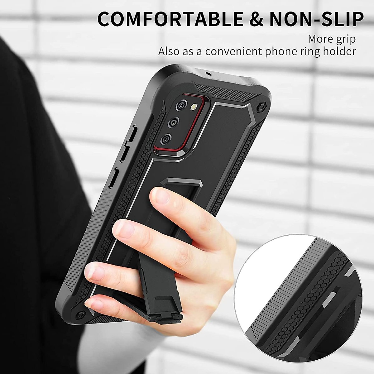 B LABS Compatible with Samsung Galaxy A02s Phone Case - Ultimate Drop Protection with Built-in Screen Protector and Kickstand (Black)