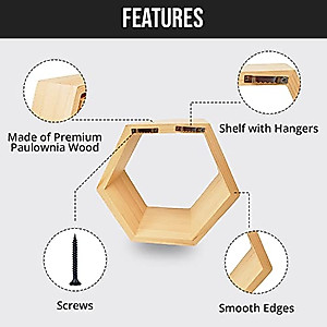 MRONextDay.com Set of 3 Wooden Wall Mounted Hexagon Floating Shelves, Hexagon Shelves Set for Kitchen, Living Room, Bedroom, Hexagon Shelves for Decorations (Honey Oak)