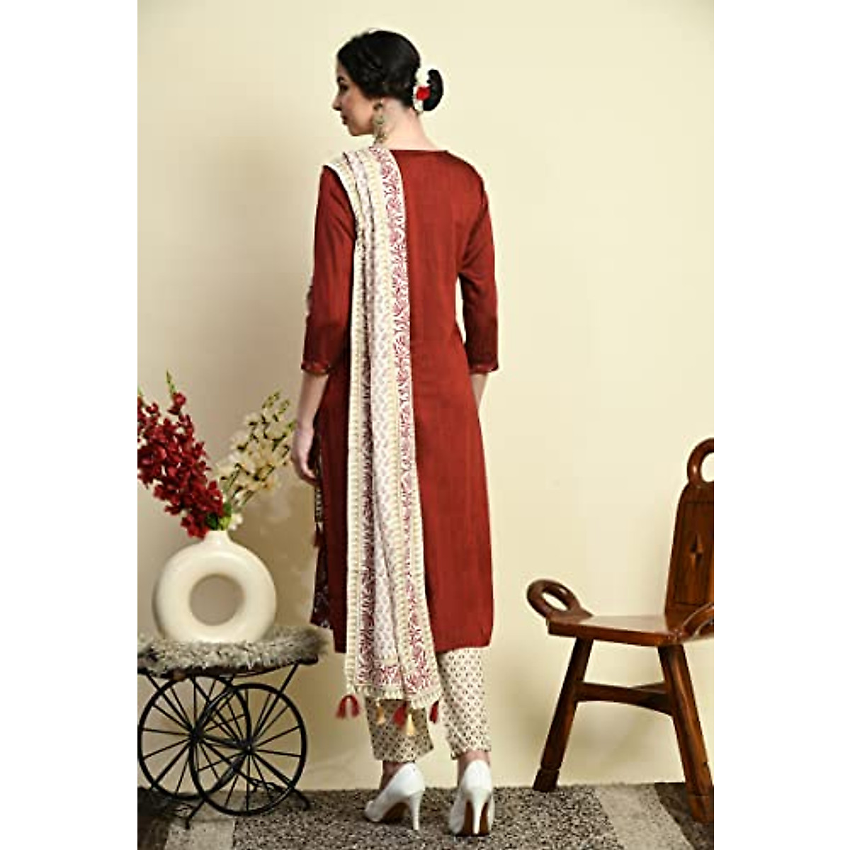 Lagi Women Straight Printed 3/4 Sleeves Rayon Kurti Pant and Dupatta Set, Rust [M]