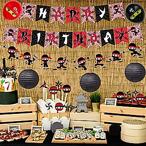 Ninja Birthday Party Decoration Red and Black Warrior Themed Party Supplies for Boys with Ninja Happy Birthday Banner Cake Topper Sticker and Paper Lanterns