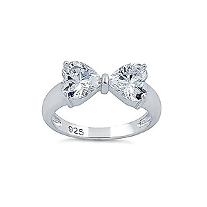 Sterling Silver 925 Bow Ring CZ Heart Cut Bow Ring Ribbon Ring Bridal Jewelry (6)