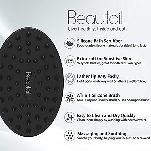 BEAUTAIL Silicone Body Scrubber, 2 in 1 Shower Bath Wash and Hair Shampoo Brush, Gentle Exfoliating Scrub Cleansing Loofah for Women Men Baby Sensitive Skin, Easy to Clean, Lather Nicely, 1 Pack Black