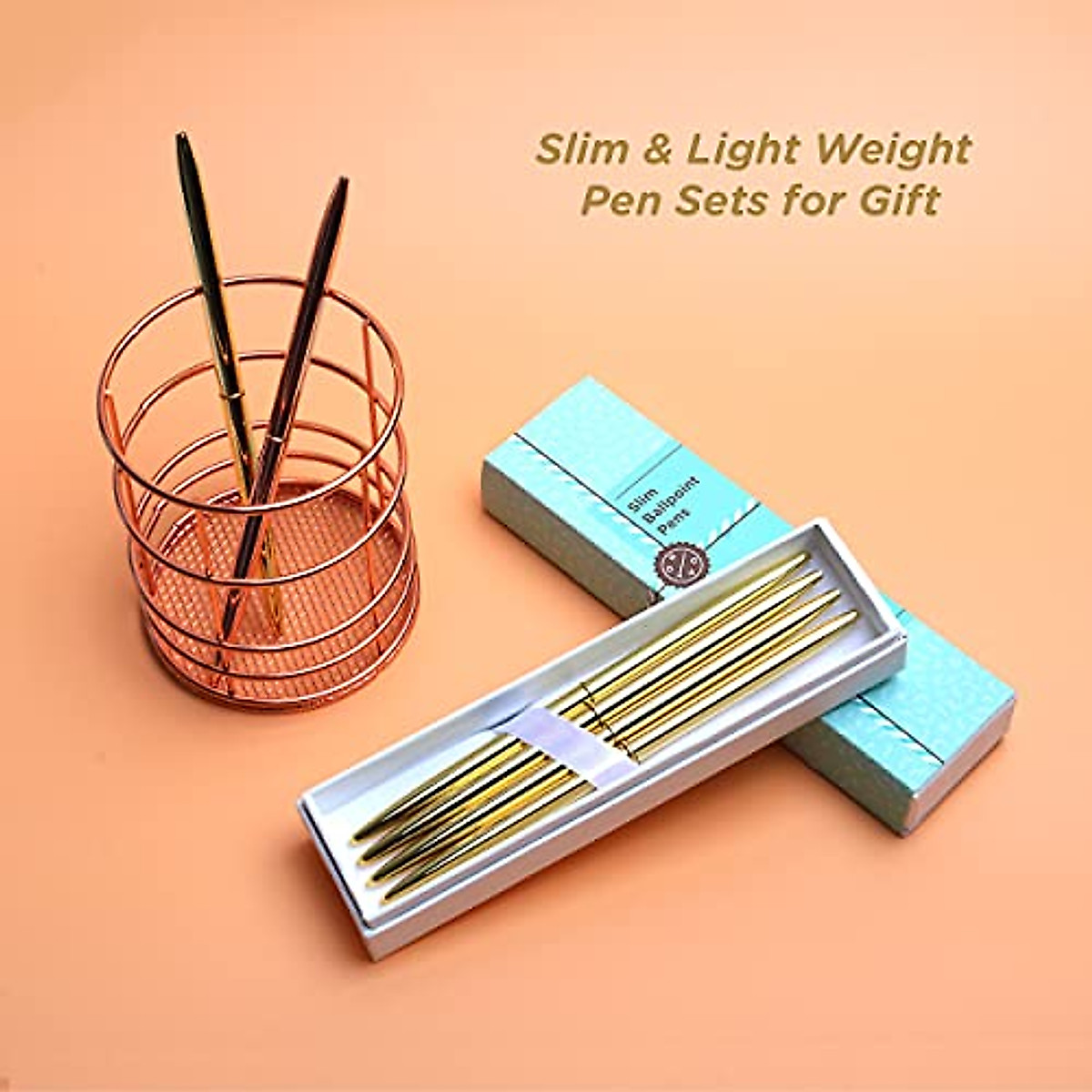 Oriday Chrome Ballpoint Slim Pens Set of 4 - Lightweight Metal Ball Point Pen in Black Ink Gift Box for Wedding, Student Gift, Bridal Shower (Gold, Black Ink)