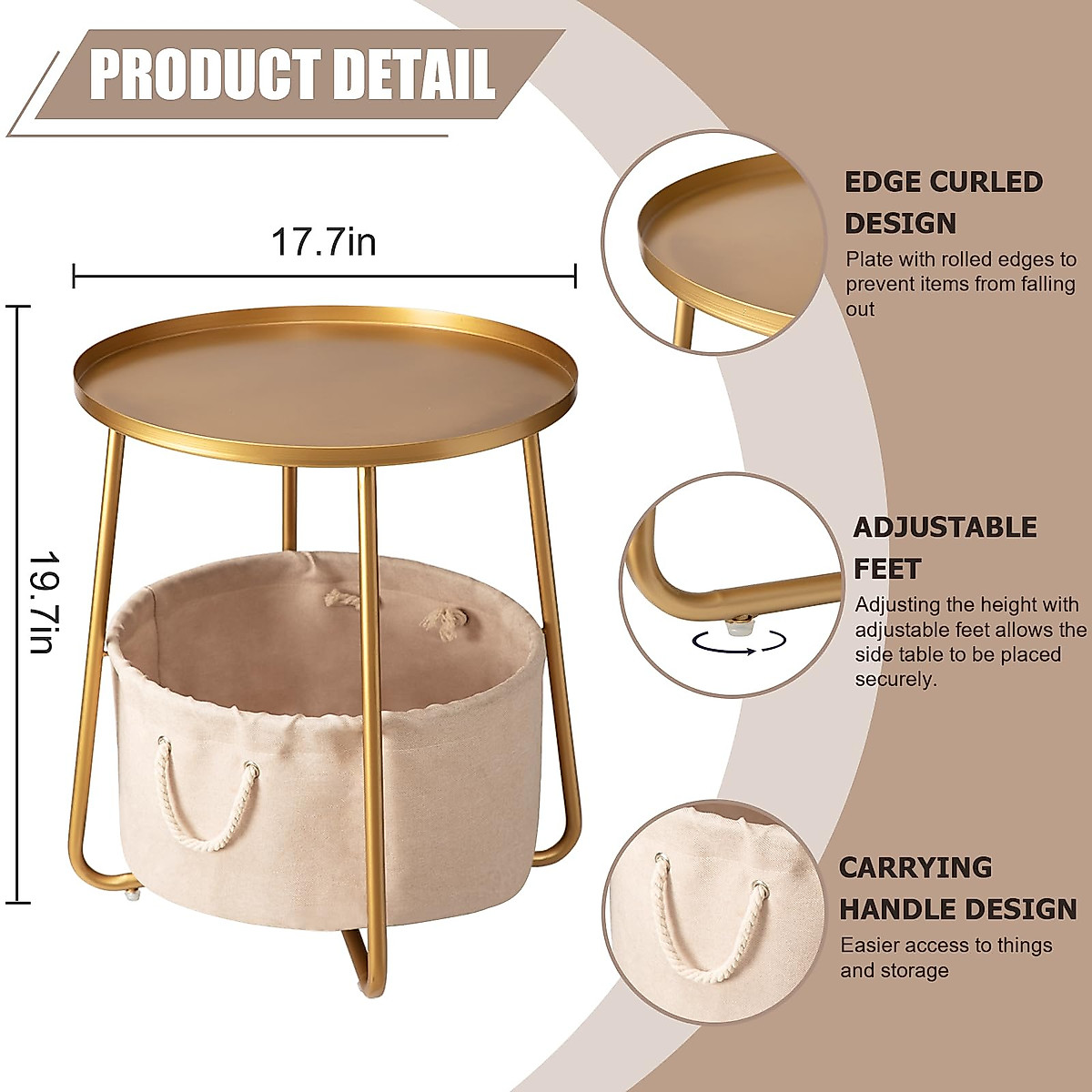 danpinera Gold Side Table, Small Round Side Table with Fabric Storage Basket, Metal Side Table for Nursery, Living Room, Bedroom, Bathroom