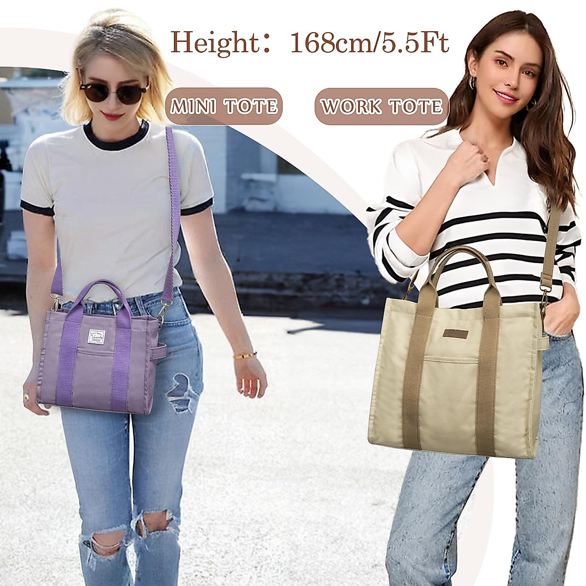 VASCHY Canvas tote bag, Casual Reusable Work Totes for Women Teachers with Zippers Pockets Crossbody Shoulder Bag Purse Apricot