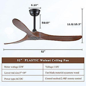 DefinElegant Walnut Wood 52" Ceiling Fan, 6-Speed, Reversible 3 Blades, Timed Shutdown, Silent DC Motor, for Bedroom, Porch