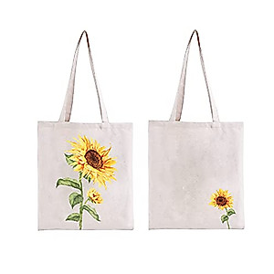 Kazova Boho Sunflower Cotton Canvas Bag Tote Bag Handbag Floral Shopping Bag Women Casual Shoulder Bags Watercolor Sunflower Reusable Grocery Bags Beach Lunch Travel Cotton Bag