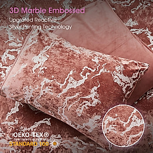 Grassix Duvet Cover King - 3D Marble Velvet King Duvet Cover Blush Pink, Ultra Soft Flannel Duvet Cover with Zipper Closure 8 Corner Tie (1 Duvet Cover 104"x90" & 2 Pillowcases-Blush Pink)