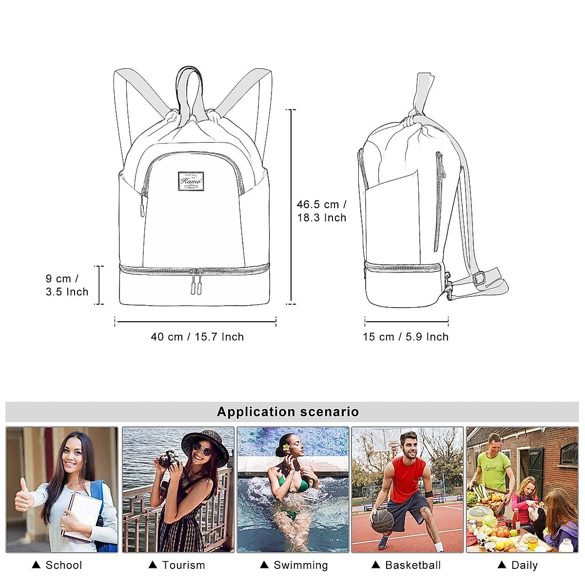 Kamo Drawstring Backpack Bag - Sport Swimming Yoga Backpack with Shoe Compartment, Two Water Bottle Holder for Men Women Large String Backpack Athletic Sackpack for Travel
