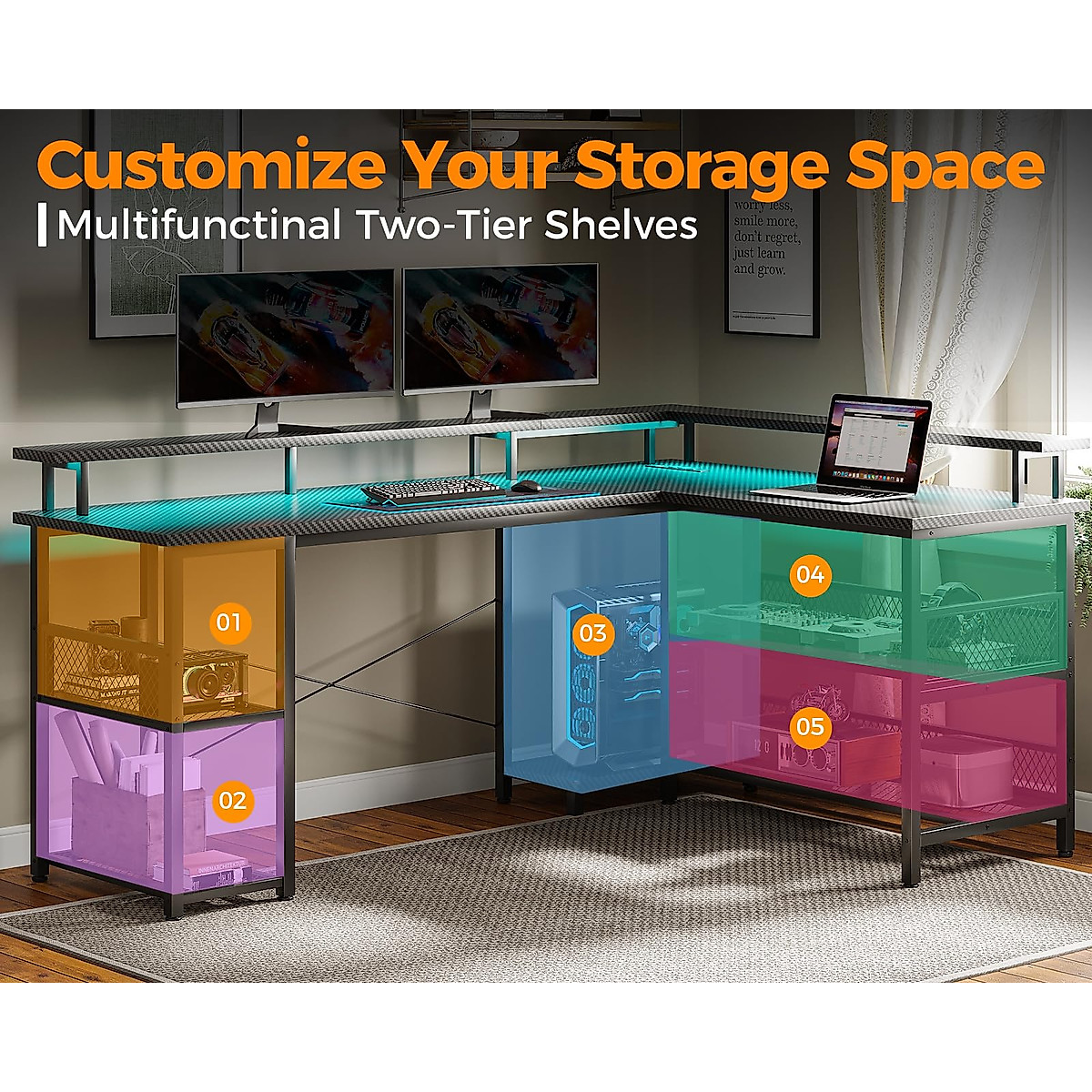 ODK 59" L Shaped Gaming Desk with Power Outlet and LED Lights, PC Gaming Table with USB Ports, Reversible L Shape Desk with Storage Shelves & Monitor Stand, Home Office Desk, Black Carbon Fiber