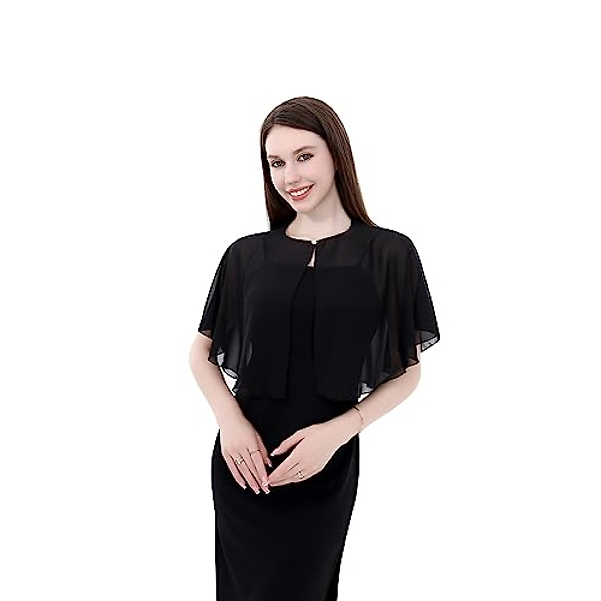 TONGFANTFL Capelets for Soft Chiffon Shawls Wraps Shrug for Wedding Evening Dress Cape Cover Up for Women (Black)