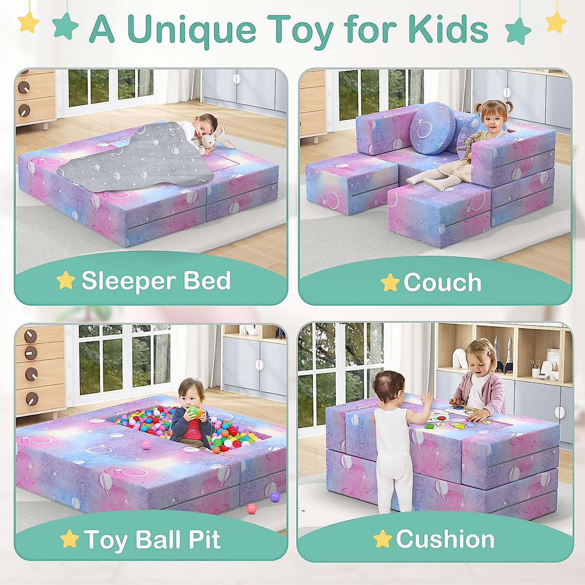 BIERUM Kids Couch, 6PCS Modular Kids Play Couch with Blanket, Kids Sofa Couch with Glow Effects for Playroom & Indoor, Convertible Toddler Couch for Girls and Boys