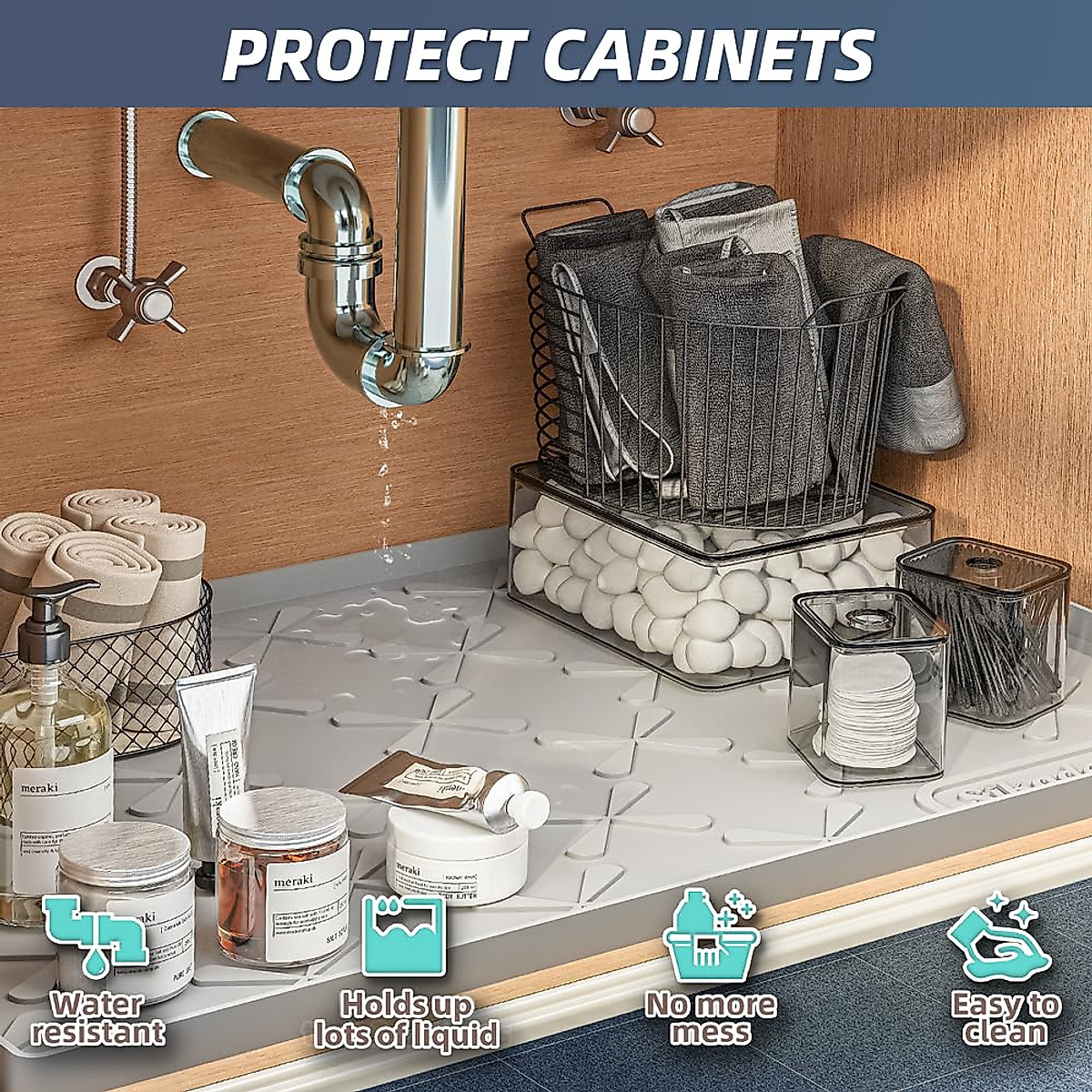 SIKADEER Under Sink Mat for Bathroom Waterproof, 31" x 19" Silicone Under Sink Liner Bathroom Cabinet Shelf Protector, Fits 33inch Standard Kitchen Bathroom Cabinet Mat Under Sink Organizer Drip Tray