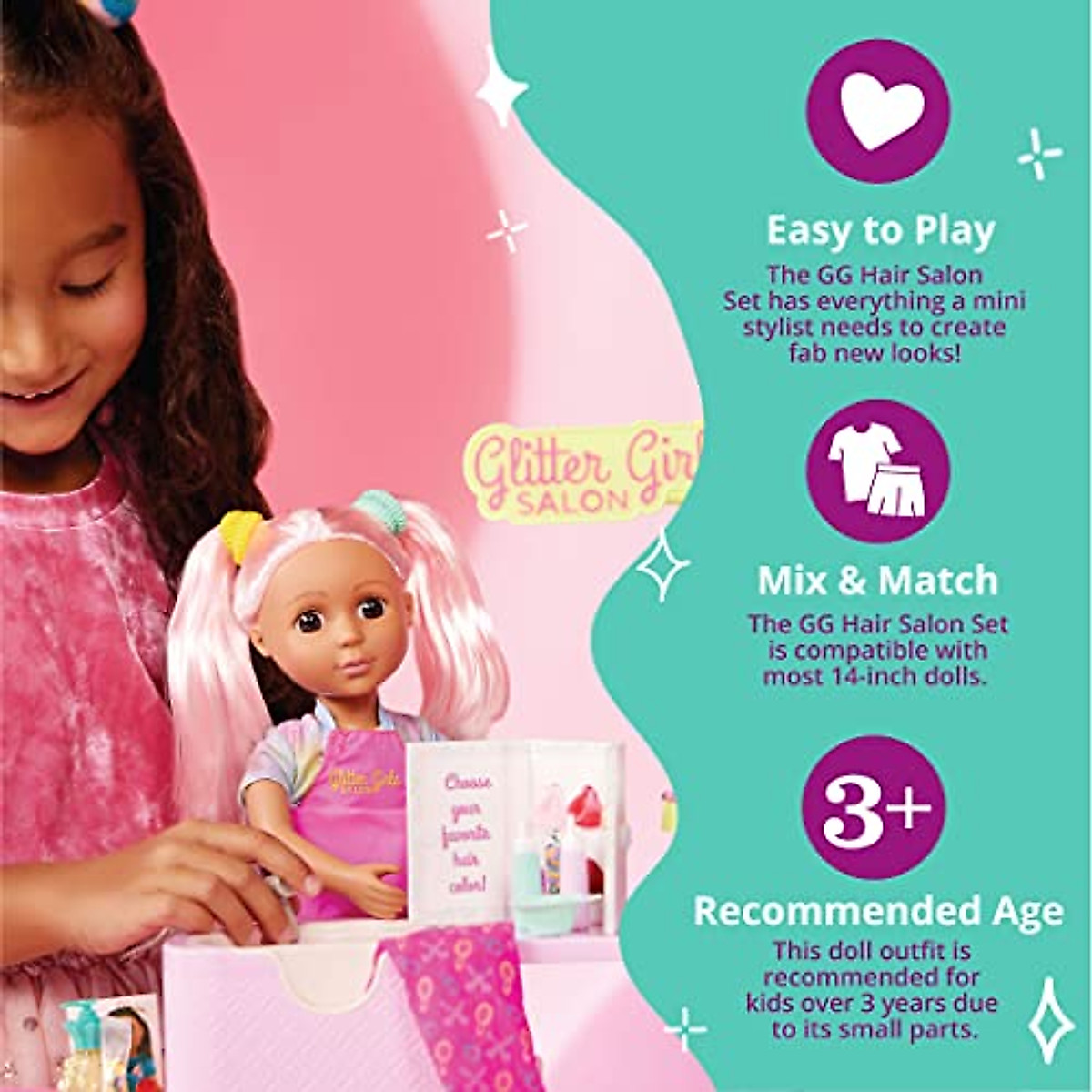 Glitter Girls – Hair Salon Playset – Hair Dryer, Styling Clips & Rolling Cart – 14-inch Doll Accessories for Kids Ages 3 and Up – Children’s Toys