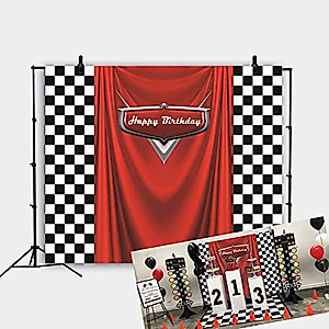 7x5ft Car Black White Grid Red Birthday Themed Backdrops Racing Flag Red Photo Backgrounds for Photography Happy Birthday Party Banner Photo Booth Props GYA
