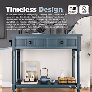 Venera Traditional Console Tables with Storage for Living Room - Solid Pine Wood Navy Blue 35 Inch Narrow Console Table with Storage for Kitchen or Entryway - Retro Hallway Table for Entryway