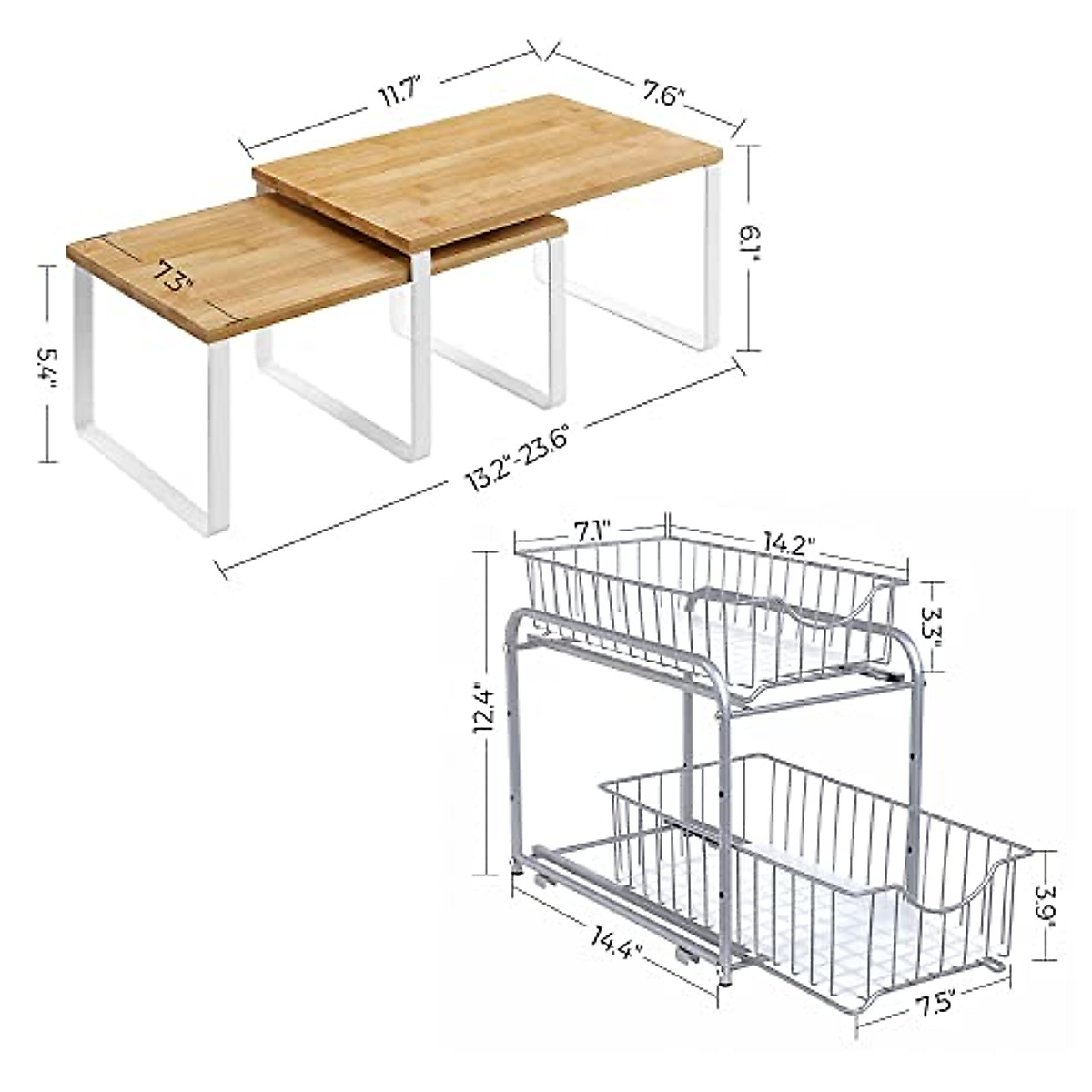 SONGMICS 2-Pack Kitchen Shelves and Pull-Out Cabinet Organizer Bundle, Stackable, Under Sink Organizers with Storage Baskets, for Kitchen Bathroom UKCS02NW and UKCS017E01