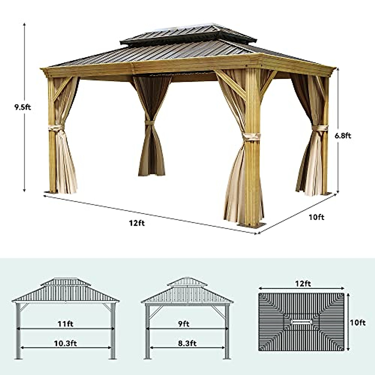 YITAHOME 10x12ft Hardtop Gazebo with Nettings and Curtains, Wood Grain Heavy Duty Double Roof Galvanized Steel Outdoor Combined of Vertical Stripes Roof for Patio, Backyard, Deck, Lawns, Brown