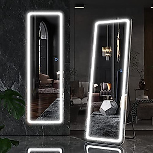 Vierose 60" x 20" Full Length Mirror with Lights and Stand - Wall Mounted and Floor Mirror, LED Lighted Full Body Dressing Mirror, Large Vanity Mirror for Bedroom, Dimming & 3 Color Modes, White