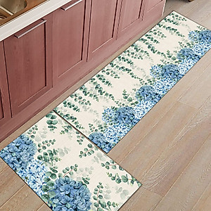 Kitchen Mat Set of 2, Farmhouse Eucalyptus Blue Hydrangea Plants Linen Kitchen Rugs Non-Slip Floor Mat Durable Washable Runner Doormat for Kitchen Office Laundry 19.7'' x 31.5'' + 19.7'' x 63''
