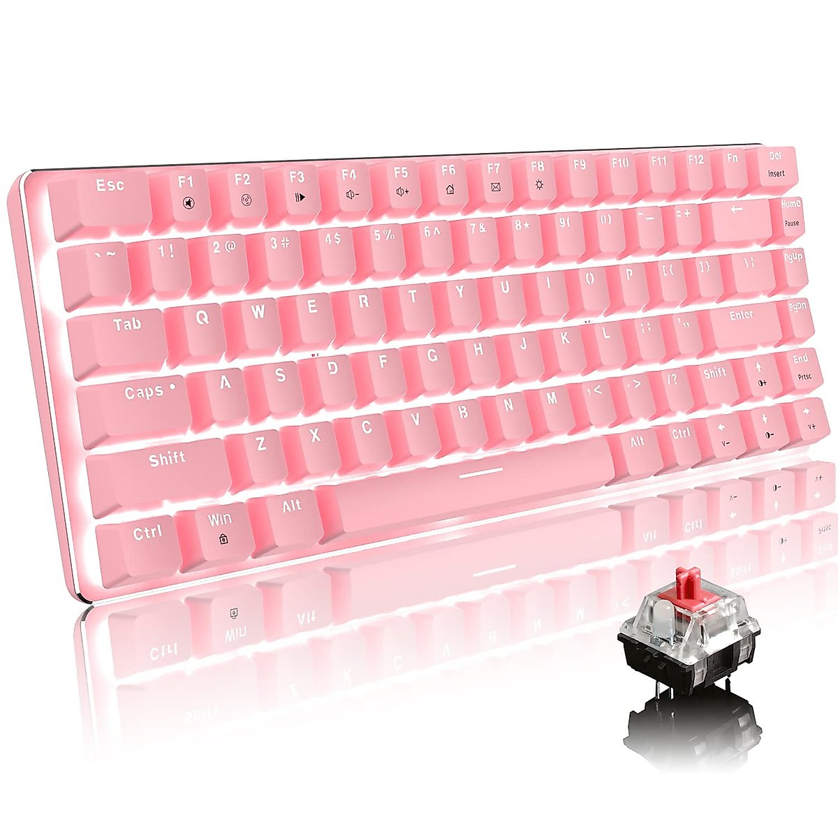 LexonElec Pink Gaming Mechanical Keyboard White Backlit 82 Keys Illuminated Type-C Wired Gaming Keyboard with Red Switches for Computer Gamers (Pink)