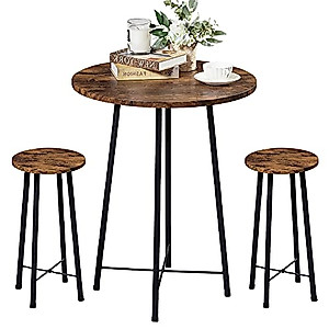 VECELO Small Bar Table and Chairs, Round Bistro Sets with 2 barstools, 3-Piece Pub Dining Furniture, Counter Height Wood Top for Breakfast Dinner Coffee Nap Conference, Easy Assembly, Rustic Brown