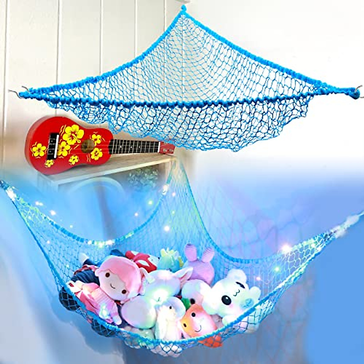 Corner Stuffed Toy Hammock with LED Light, Corner Plush Toy Net Holder, Stuffed Animals Hanging Storage Net, Hanging Toy Net Hammock for Nursery Play Room Bedroom(Blue)