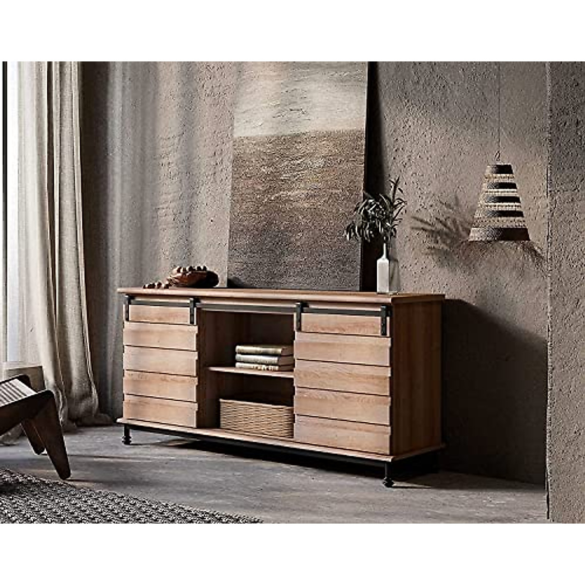 WAMPAT Mid-Century Modern TV Stands for TV up to 65 inches, Wood Storage Cabinet TV Console Table, Retro Media Entertainment Center for Living Room, Rustic Walnut