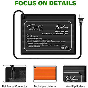 Simple Deluxe 6 X 8 Inch 8W Reptile Heating Pad with 2-Probe Digital Thermometer and Hygrometer Under Tank Heater Terrarium Warmer Heat Mat for Amphibians and Reptiles Pet, Black