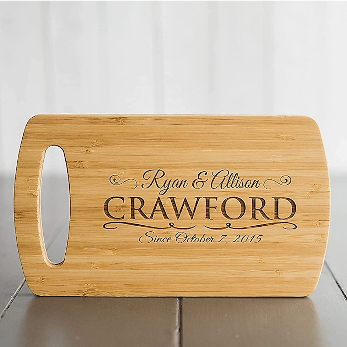 Personalized Wedding Gift for Couples - Engraved Bamboo Cutting Board - Engagement Gifts or Bride to Be Gifts - Mr & Mrs Gift (Mini Board with Easy Carry Handle, Crawford Design)