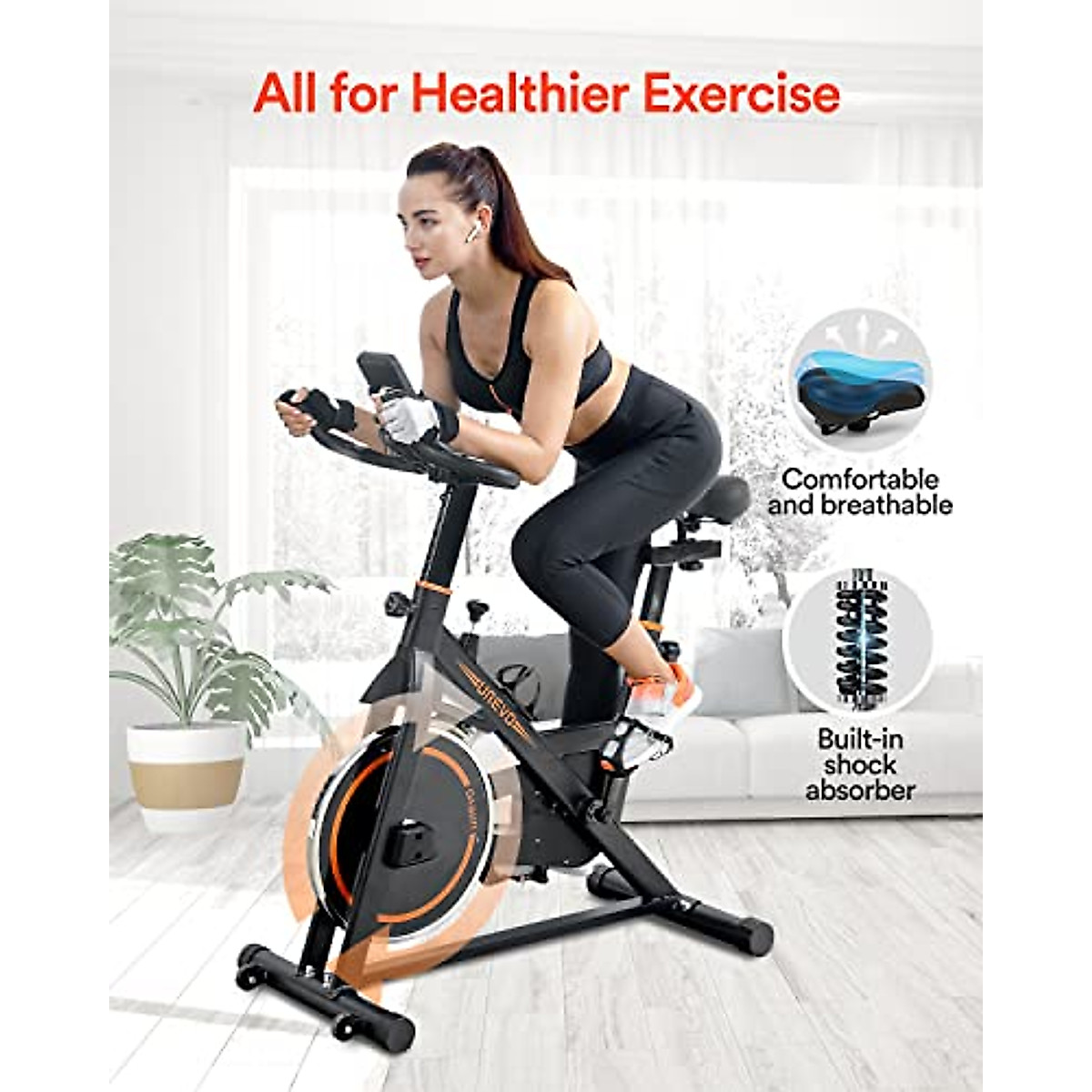 UREVO indoor Cycling Bike, Stationary Exercise Bike 350 lbs Weight Capacity，Ipad Mount, Comfortable Seat Cushion, Silent Belt Drive Cycle Bike for Home Workouts Gym