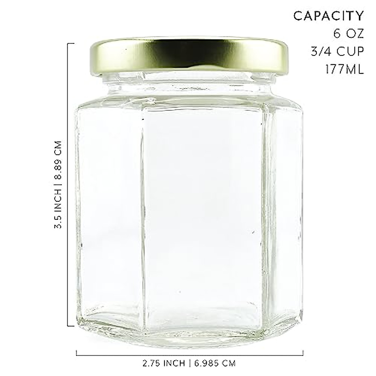 Cornucopia 6-Ounce Hexagon Glass Jars (12-Pack); Empty Hex Jars w/Gold Lids for Party Favors, Jams, Samples & More