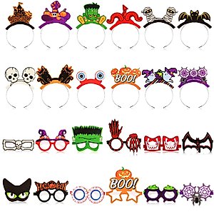 MotiMind 24 Pcs Halloween Glasses and Halloween Headbands Set Adult Halloween Funny Glasses Pumpkin Spider Bat Witch Ghost Paper Party Eyeglasses for Decoration Party Favor Accessories Supplies