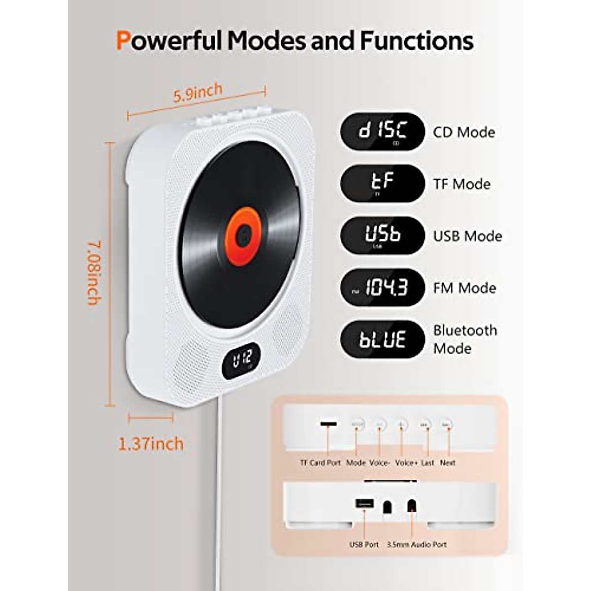 CozySound Portable CD Player Bluetooth for Home, Wall Mountable Desktop Kpop Music Players, Convert CDs to MP3, with Stereo Speakers, Remote, FM Radio, AUX Jack, Support U Disk/TF